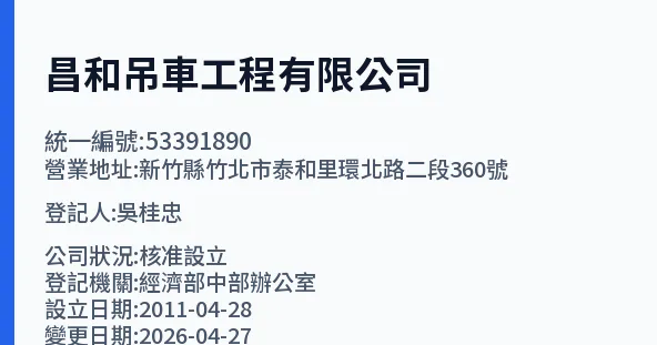 昌和吊車工程有限公司的照片-統編 53391890(新竹縣) 公司登記資料與營業項目詳細圖表