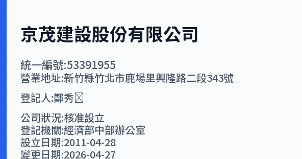 京茂建設股份有限公司的照片-統編 53391955(新竹縣) 公司登記資料與營業項目詳細圖表