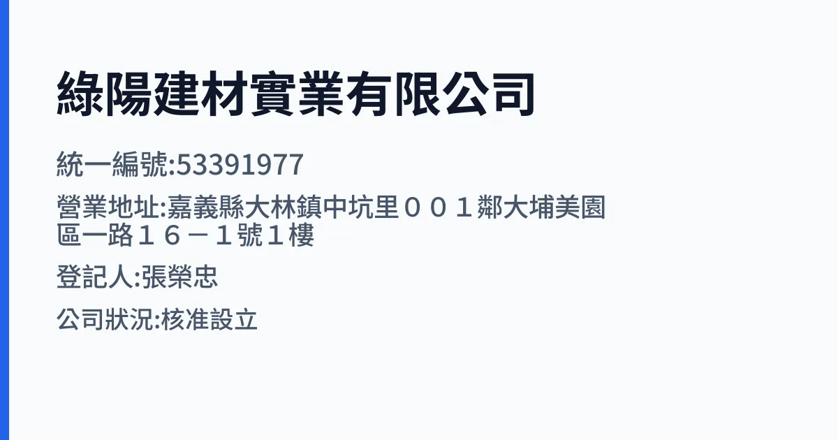 綠陽建材實業有限公司 - 統編 53391977(嘉義縣) 公司登記資料與營業項目詳細圖表
