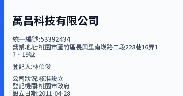 萬昌科技有限公司的照片-統編 53392434(桃園市) 公司登記資料與營業項目詳細圖表