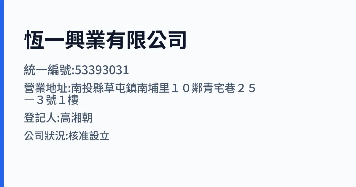 恆一興業有限公司 - 統編 53393031(南投縣) 公司登記資料與營業項目詳細圖表