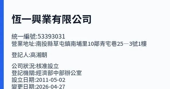恆一興業有限公司的照片-統編 53393031(南投縣) 公司登記資料與營業項目詳細圖表