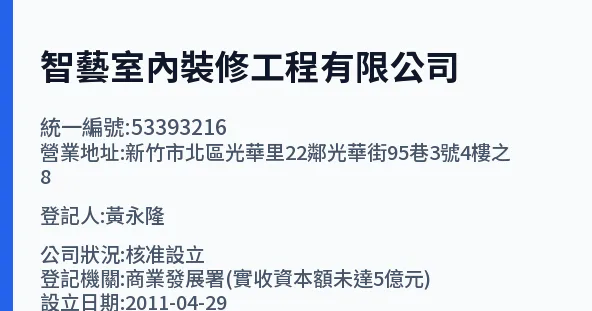 智藝室內裝修工程有限公司的照片-統編 53393216(新竹市) 公司登記資料與營業項目詳細圖表