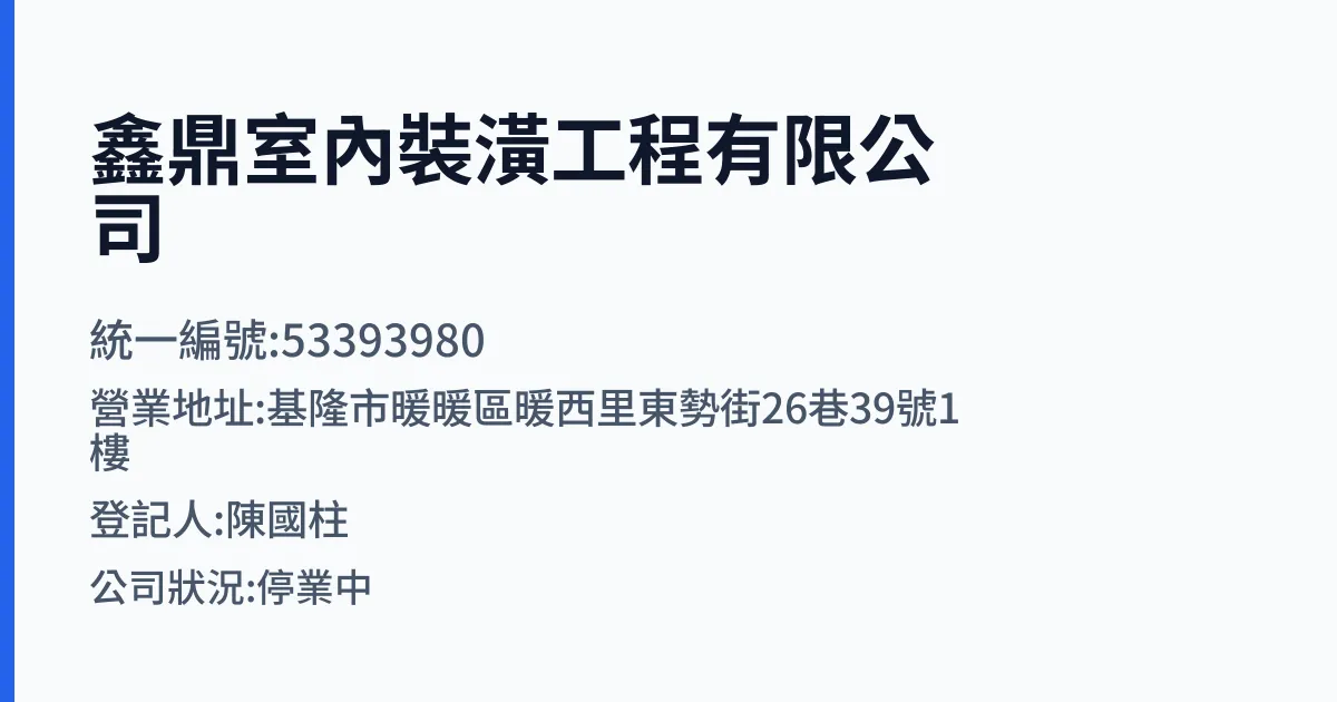 鑫鼎室內裝潢工程有限公司 - 統編 53393980(基隆市) 公司登記資料與營業項目詳細圖表