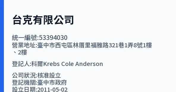 台克有限公司的照片-統編 53394030(臺中市) 公司登記資料與營業項目詳細圖表