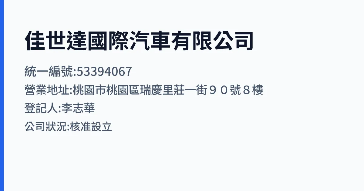 佳世達國際汽車有限公司 - 統編 53394067(桃園市) 公司登記資料與營業項目詳細圖表