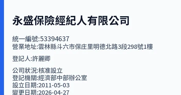 永盛保險經紀人有限公司的照片-統編 53394637(雲林縣) 公司登記資料與營業項目詳細圖表