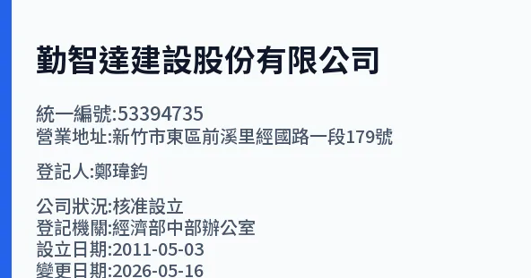 勤智達建設股份有限公司的照片-統編 53394735(新竹市) 公司登記資料與營業項目詳細圖表