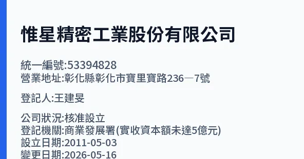 惟星精密工業股份有限公司的照片-統編 53394828(彰化縣) 公司登記資料與營業項目詳細圖表