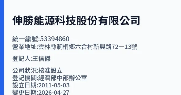 伸勝能源科技股份有限公司的照片-統編 53394860(雲林縣) 公司登記資料與營業項目詳細圖表