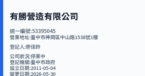 有勝營造有限公司的照片-統編 53395045(臺中市) 公司登記資料與營業項目詳細圖表