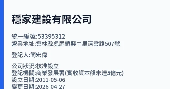 穩家建設有限公司的照片-統編 53395312(雲林縣) 公司登記資料與營業項目詳細圖表