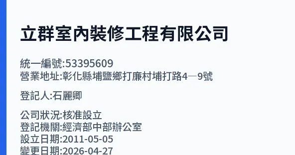 立群室內裝修工程有限公司的照片-統編 53395609(彰化縣) 公司登記資料與營業項目詳細圖表