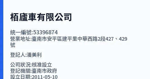 栢廬車有限公司的照片-統編 53396874(臺南市) 公司登記資料與營業項目詳細圖表