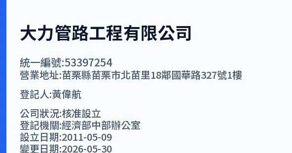 大力管路工程有限公司的照片-統編 53397254(苗栗縣) 公司登記資料與營業項目詳細圖表