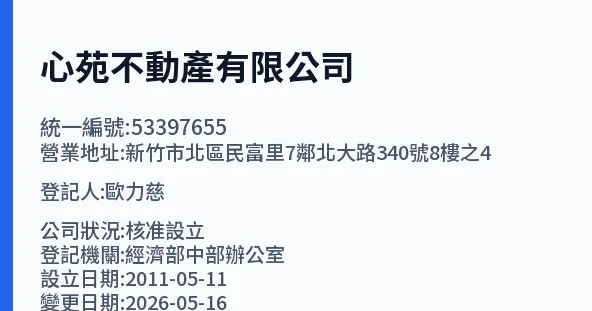 心苑不動產有限公司的照片-統編 53397655(新竹市) 公司登記資料與營業項目詳細圖表