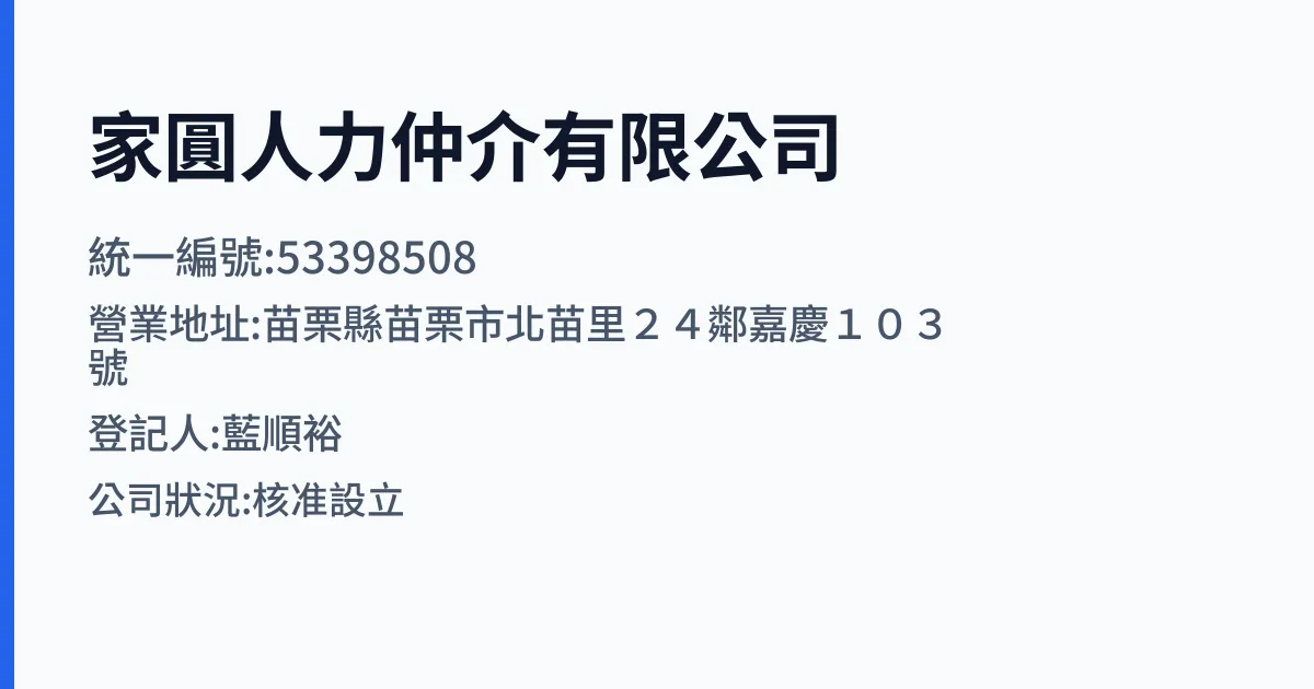 家圓人力仲介有限公司 - 統編 53398508(苗栗縣) 公司登記資料與營業項目詳細圖表