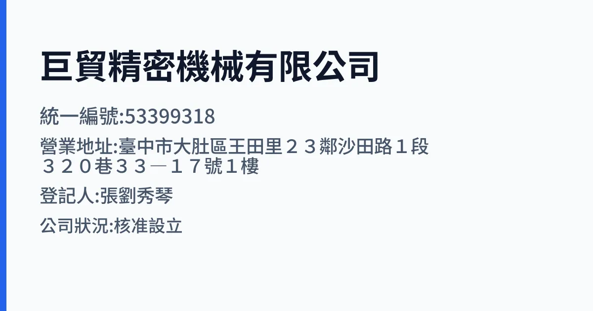 巨貿精密機械有限公司 - 統編 53399318（臺中市） 公司登記資料與營業項目詳細圖表