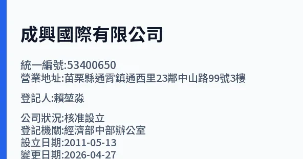 成興國際有限公司的照片-統編 53400650(苗栗縣) 公司登記資料與營業項目詳細圖表
