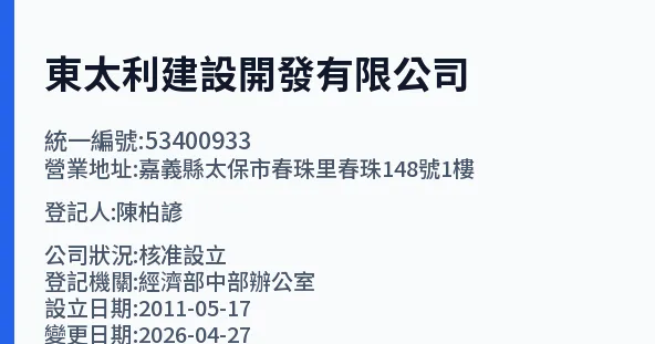 東太利建設開發有限公司的照片-統編 53400933(嘉義縣) 公司登記資料與營業項目詳細圖表