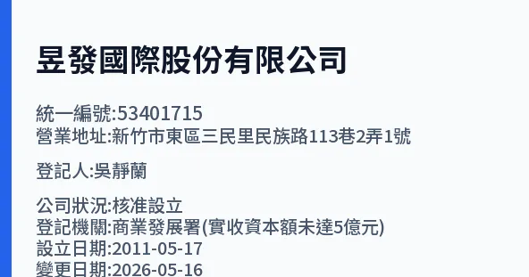 昱發國際股份有限公司的照片-統編 53401715(新竹市) 公司登記資料與營業項目詳細圖表