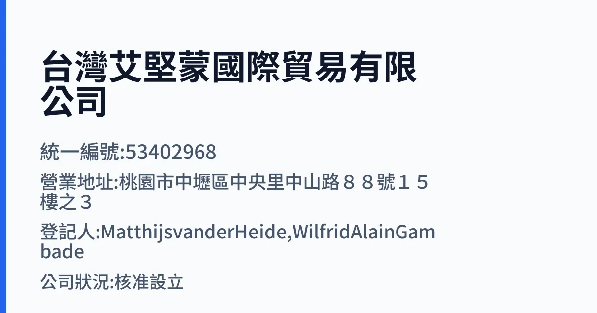 台灣艾堅蒙國際貿易有限公司 - 統編 53402968(桃園市) 公司登記資料與營業項目詳細圖表