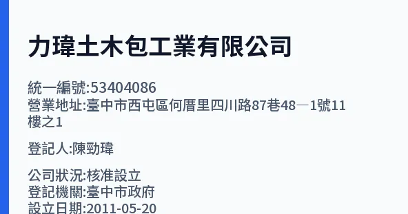 力瑋土木包工業有限公司的照片-統編 53404086(臺中市) 公司登記資料與營業項目詳細圖表