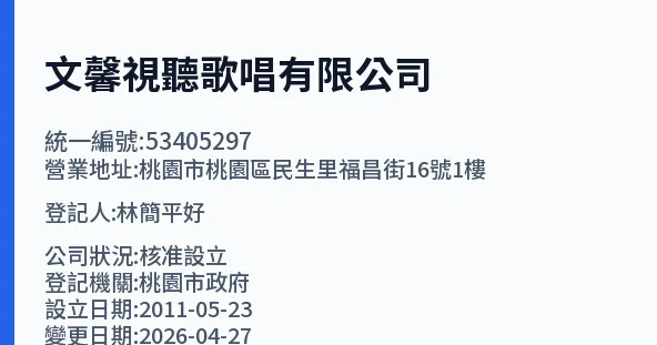 文馨視聽歌唱有限公司的照片-統編 53405297(桃園市) 公司登記資料與營業項目詳細圖表