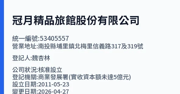 冠月精品旅館股份有限公司的照片-統編 53405557(南投縣) 公司登記資料與營業項目詳細圖表