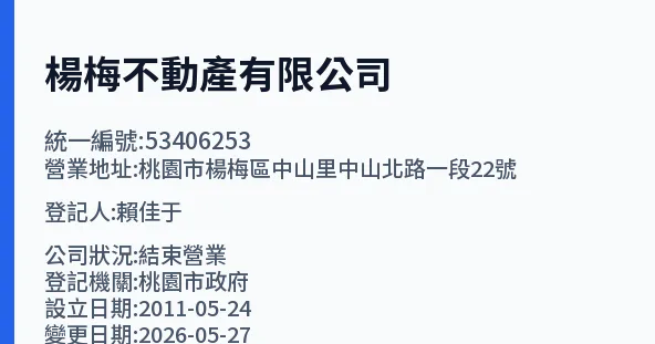 楊梅不動產有限公司的照片-統編 53406253(桃園市) 公司登記資料與營業項目詳細圖表