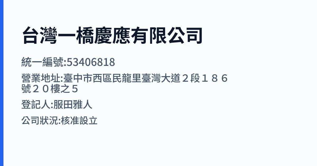 台灣一橋慶應有限公司 - 統編 53406818(臺中市) 公司登記資料與營業項目詳細圖表