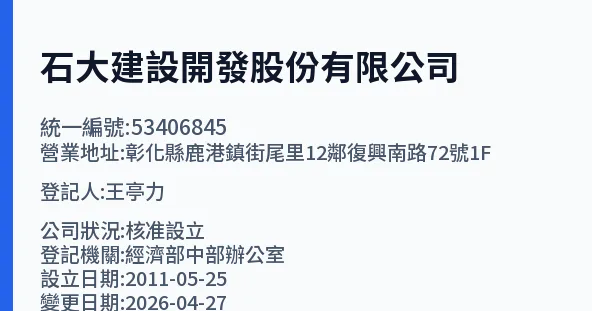 石大建設開發股份有限公司的照片-統編 53406845(彰化縣) 公司登記資料與營業項目詳細圖表