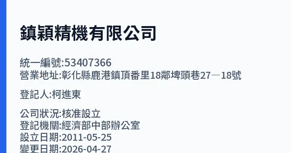 鎮穎精機有限公司的照片-統編 53407366(彰化縣) 公司登記資料與營業項目詳細圖表