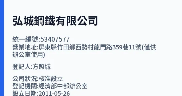 弘城鋼鐵有限公司的照片-統編 53407577(屏東縣) 公司登記資料與營業項目詳細圖表