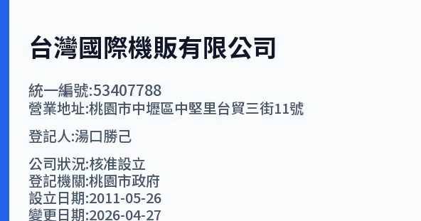台灣國際機販有限公司的照片-統編 53407788(桃園市) 公司登記資料與營業項目詳細圖表