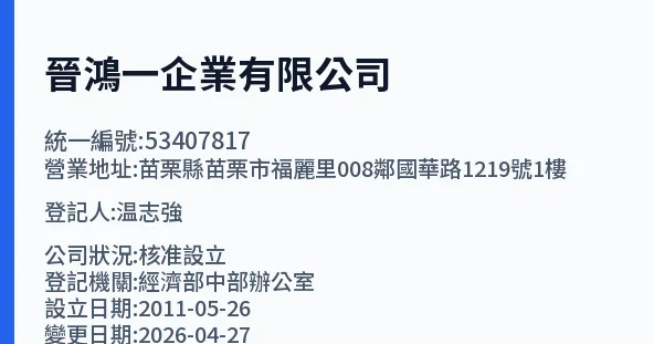 晉鴻一企業有限公司的照片-統編 53407817(苗栗縣) 公司登記資料與營業項目詳細圖表