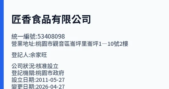 匠香食品有限公司的照片-統編 53408098(桃園市) 公司登記資料與營業項目詳細圖表