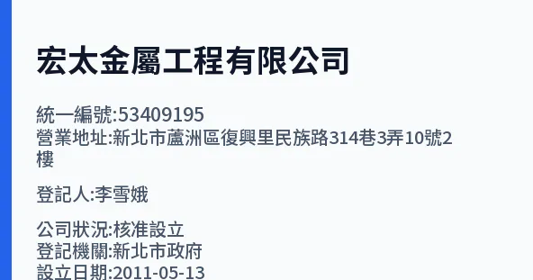 宏太金屬工程有限公司的照片-統編 53409195(新北市) 公司登記資料與營業項目詳細圖表