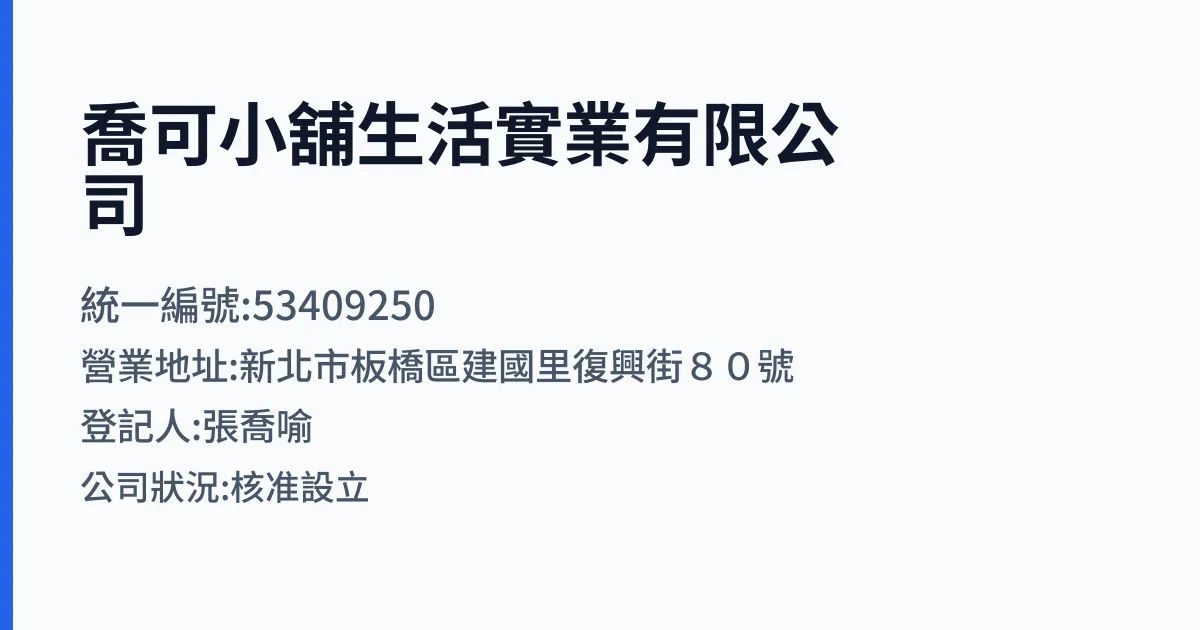 喬可小舖生活實業有限公司 - 統編 53409250(新北市) 公司登記資料與營業項目詳細圖表