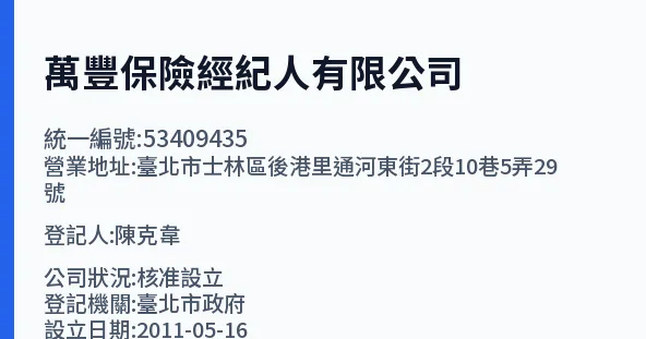 萬豐保險經紀人有限公司的照片-統編 53409435(臺北市) 公司登記資料與營業項目詳細圖表