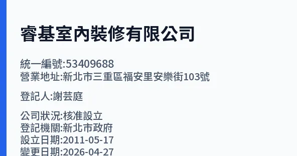 睿基室內裝修有限公司的照片-統編 53409688(新北市) 公司登記資料與營業項目詳細圖表