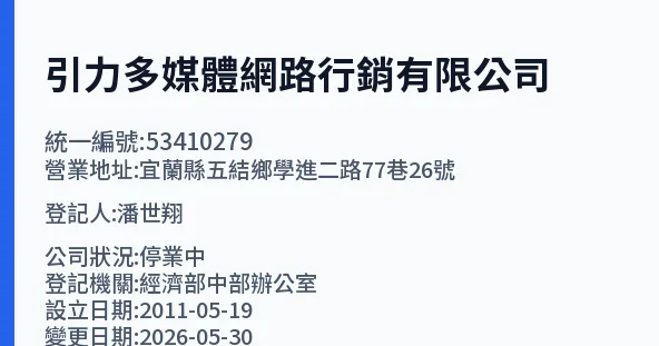 引力多媒體網路行銷有限公司的照片-統編 53410279(宜蘭縣) 公司登記資料與營業項目詳細圖表