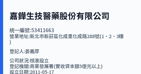 嘉鏵生技醫藥股份有限公司的照片-統編 53411663(新北市) 公司登記資料與營業項目詳細圖表