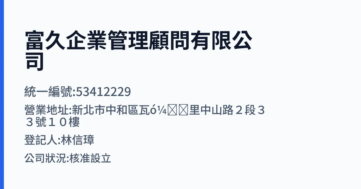 富久企業管理顧問有限公司 - 統編 53412229(新北市) 公司登記資料與營業項目詳細圖表