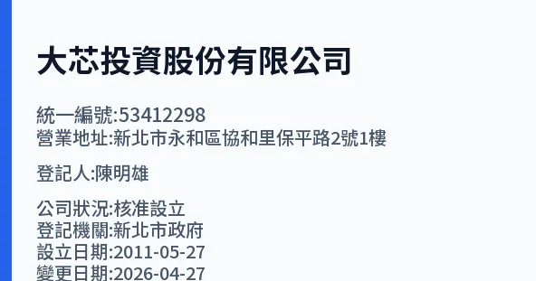 大芯投資股份有限公司的照片-統編 53412298(新北市) 公司登記資料與營業項目詳細圖表