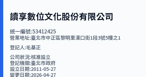 讀享數位文化股份有限公司的照片-統編 53412425(臺北市) 公司登記資料與營業項目詳細圖表