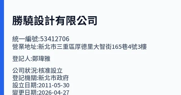 勝驍設計有限公司的照片-統編 53412706(新北市) 公司登記資料與營業項目詳細圖表