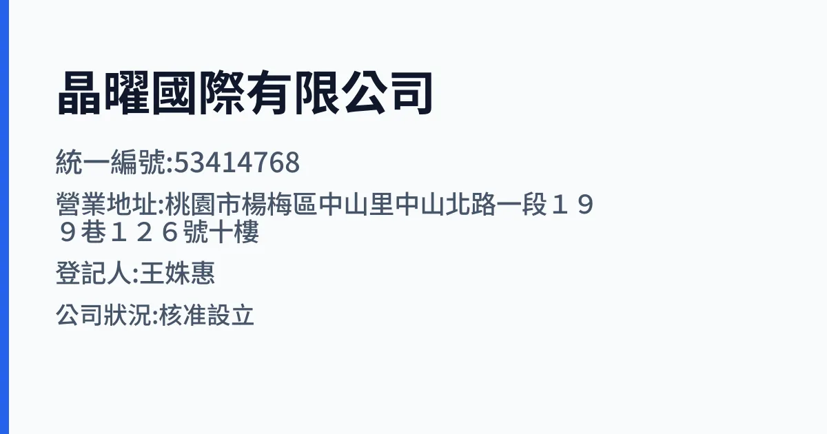 晶曜國際有限公司 - 統編 53414768(新北市) 公司登記資料與營業項目詳細圖表