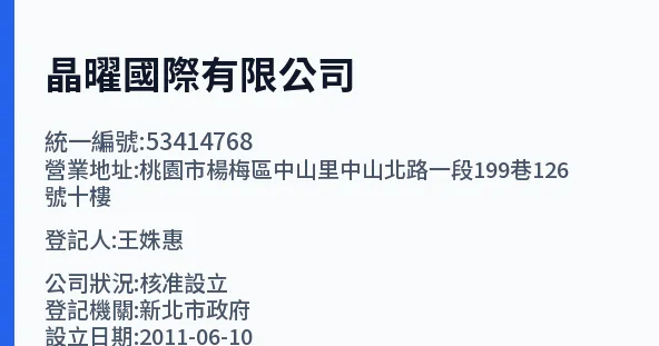 晶曜國際有限公司的照片-統編 53414768(桃園市) 公司登記資料與營業項目詳細圖表