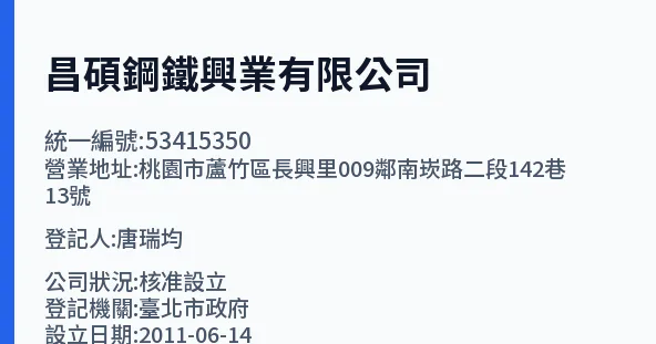昌碩鋼鐵興業有限公司的照片-統編 53415350(桃園市) 公司登記資料與營業項目詳細圖表